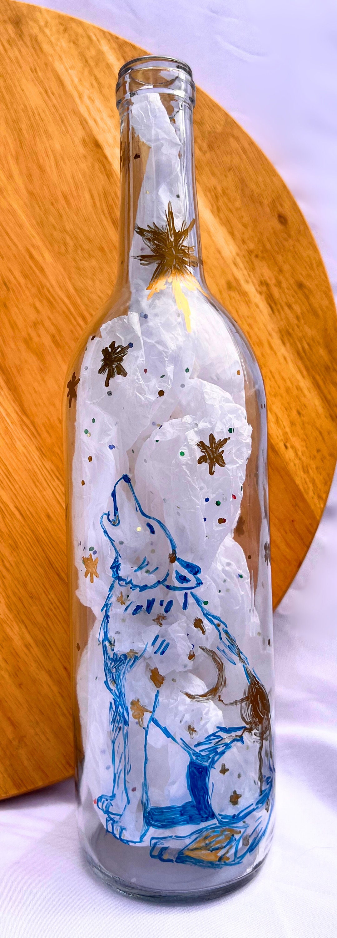 Hand Painted-wolf Bottle-howling Wolf Decor-stars and Moon-gift for ...