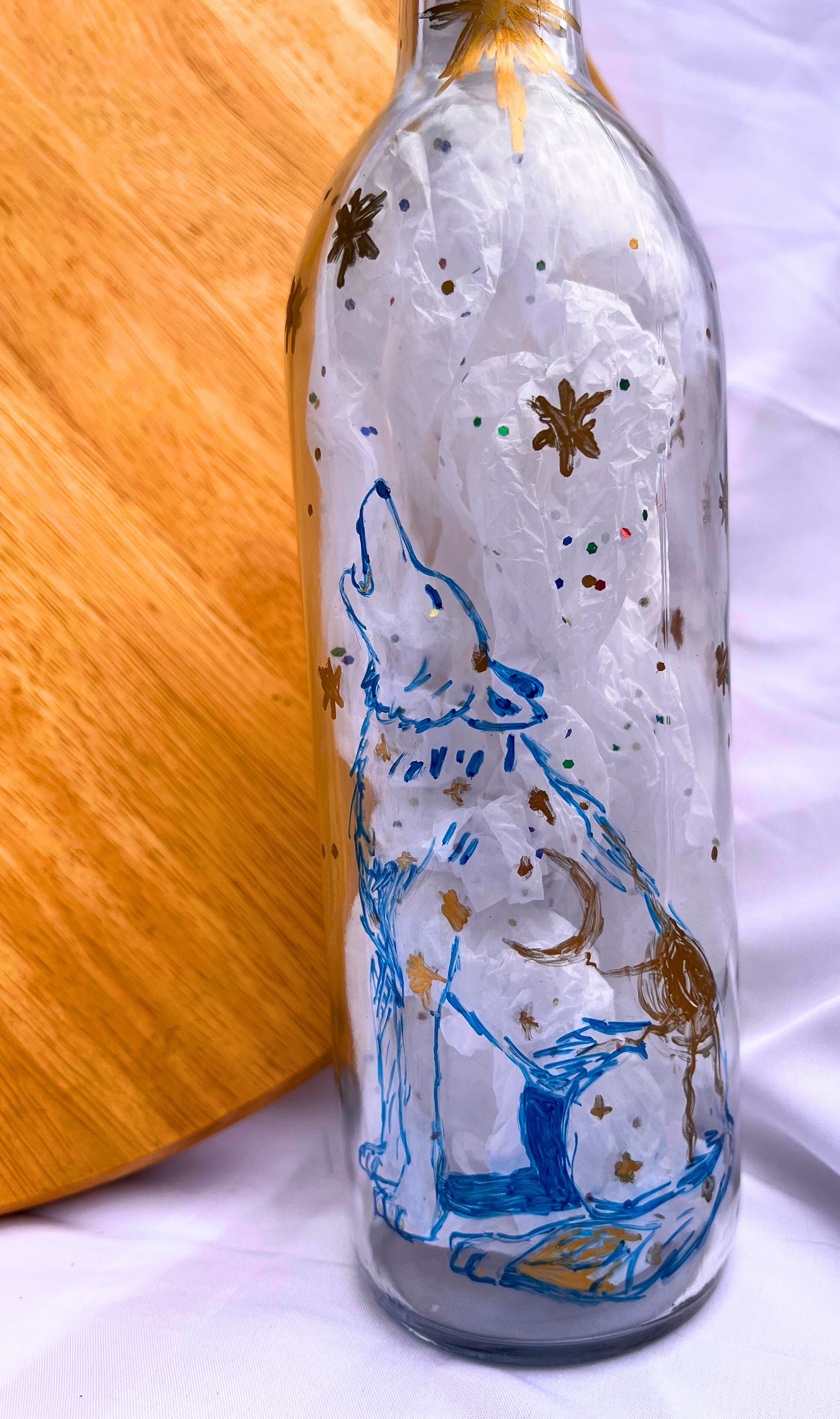 Hand Painted-wolf Bottle-howling Wolf Decor-stars and Moon-gift for ...