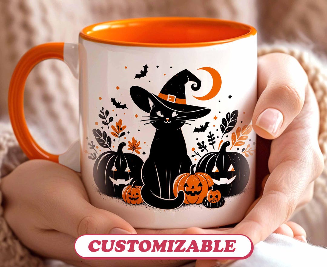 Personalized Halloween Cat Mug: Witchy Black Cat & Pumpkins - Etsy