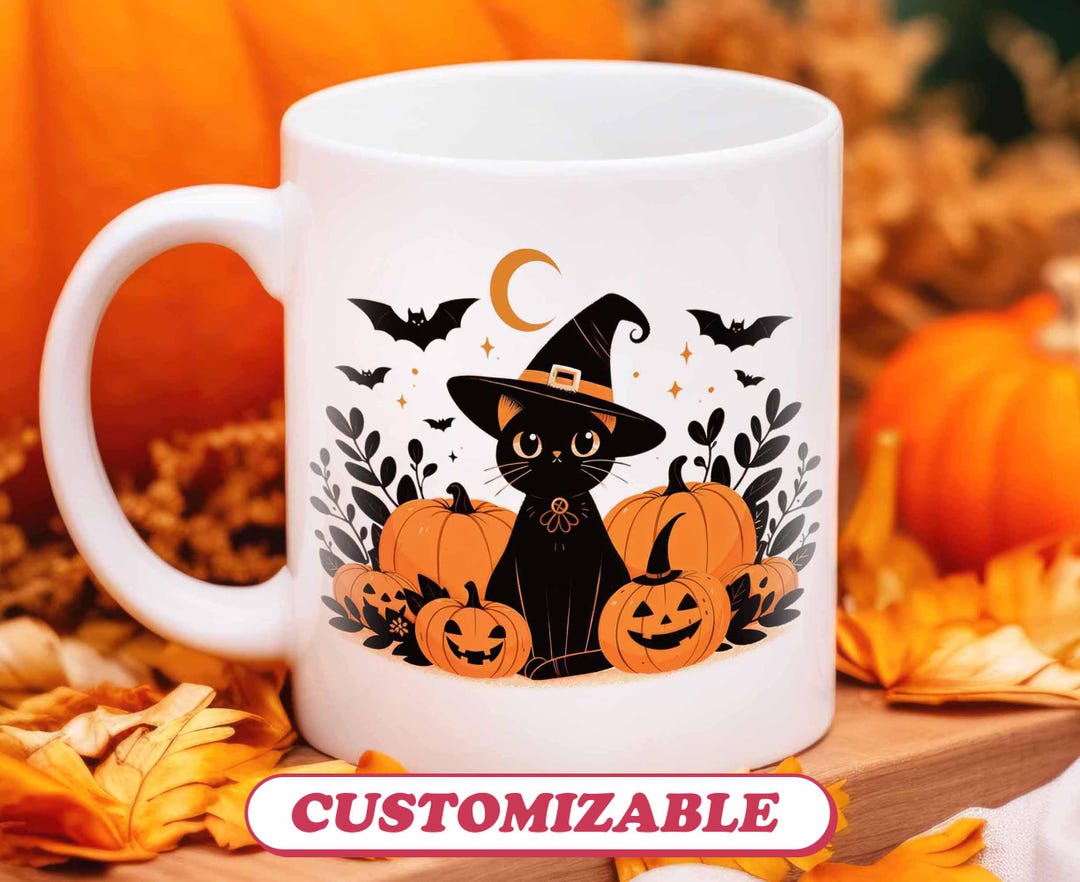 Halloween Cat Mug: Personalized Witchy Pumpkin Design - Etsy