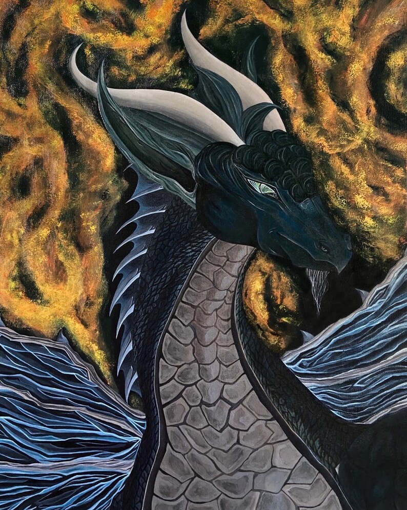 Blue Dragon Painting fire Background-detailed-fantasy Inspired-acrylic ...
