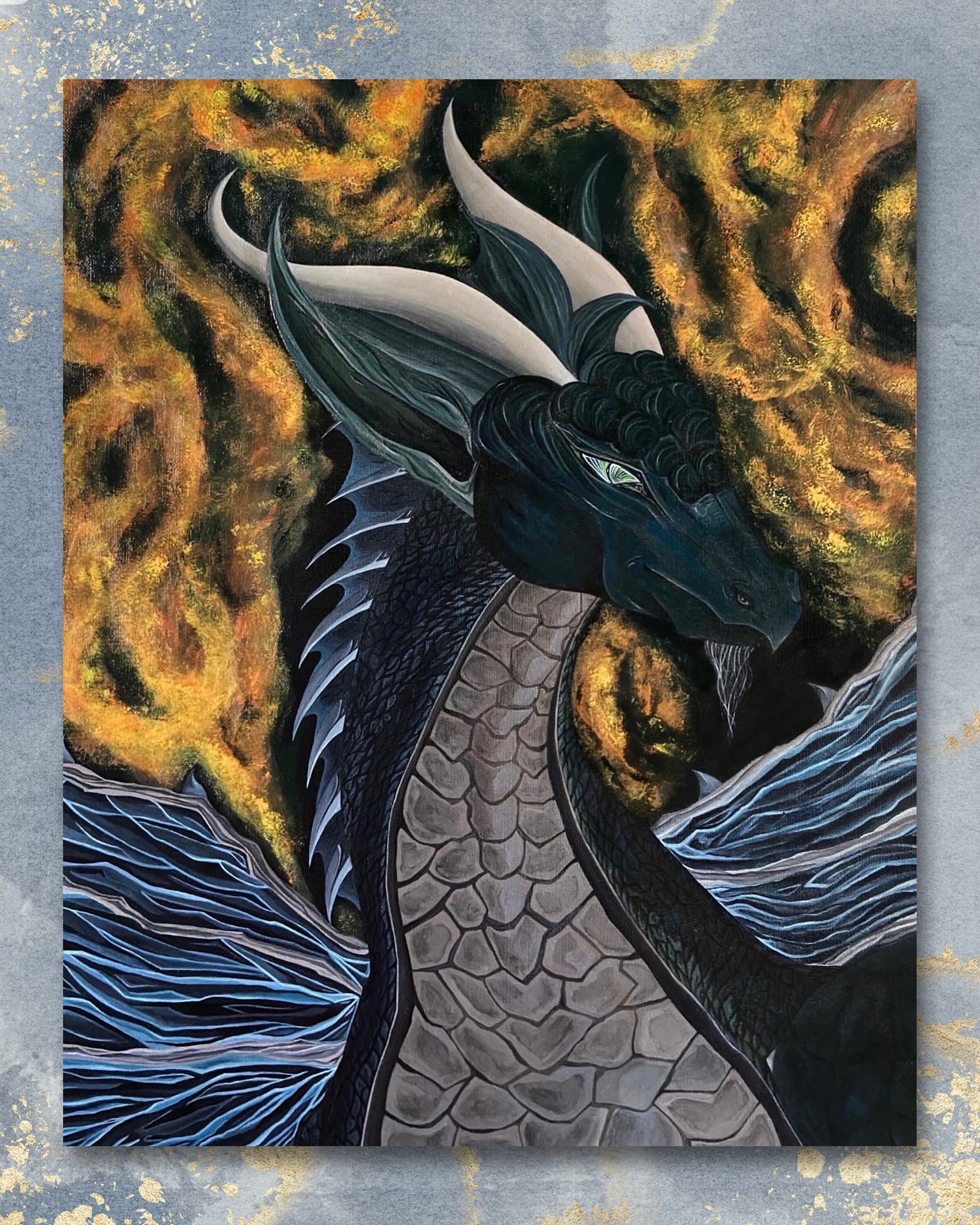 Blue Dragon Painting fire Background-detailed-fantasy Inspired-acrylic ...