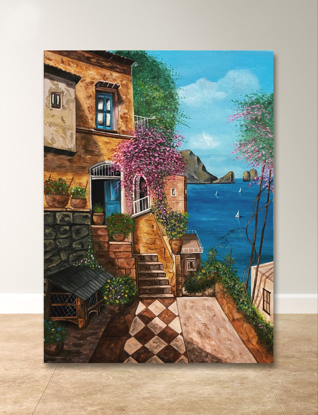 Mediterranean Sea View Painting: Original Acrylic Coastal Landscape Art ...