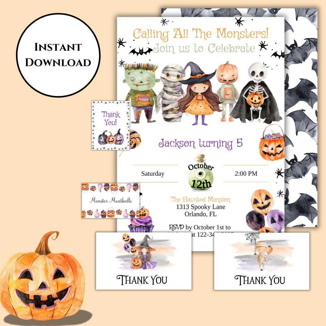 Calling All Monsters - Halloween Birthday Invitation Set - Digital ...