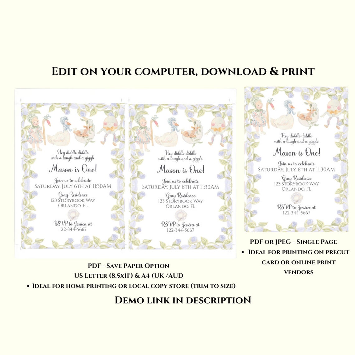 Nursery Rhyme 1st Birthday Invitation - Blue - Mother Goose - Digital ...