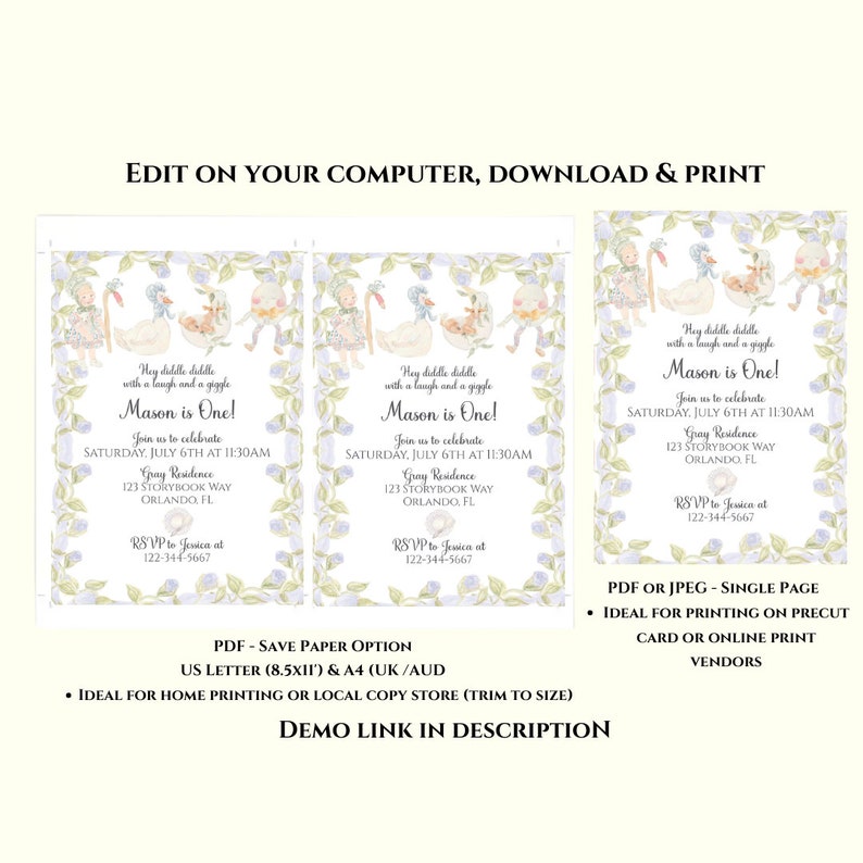 Nursery Rhyme 1st Birthday Invitation - Blue - Mother Goose - Digital ...