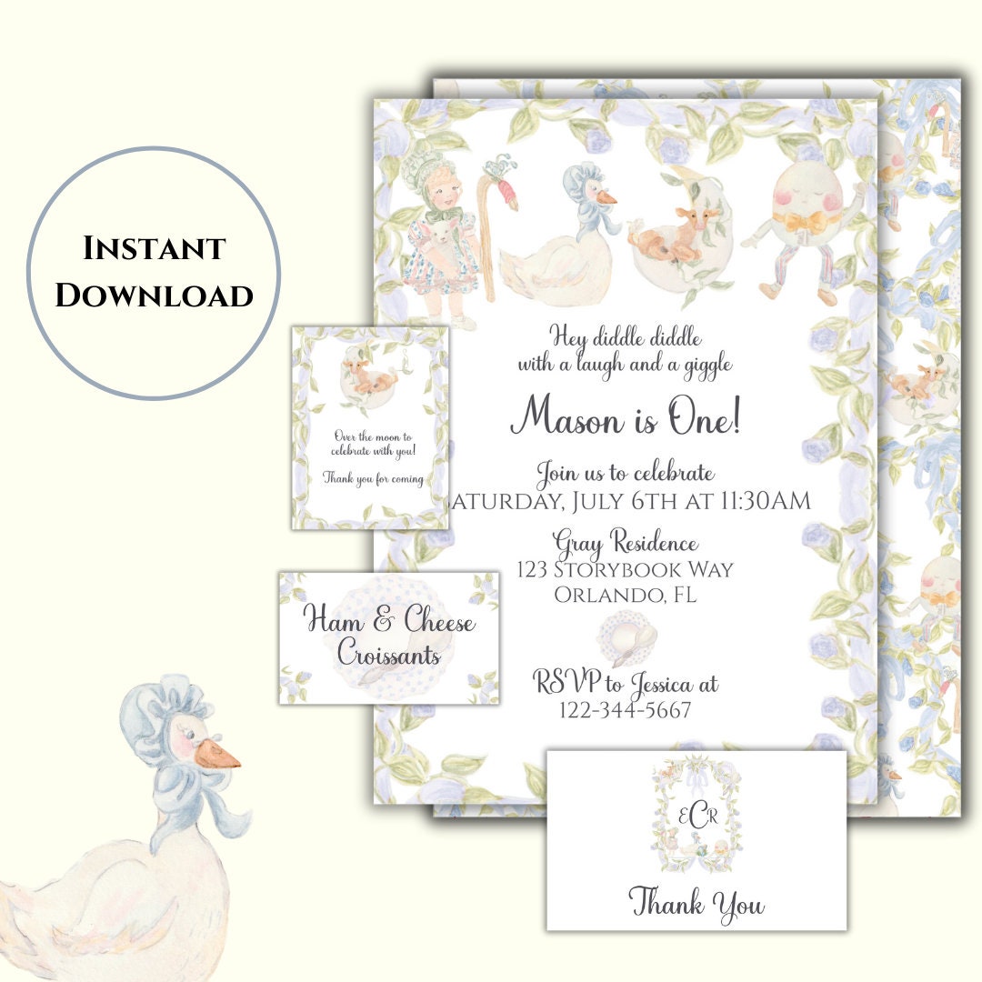 Nursery Rhyme 1st Birthday Invitation - Blue - Mother Goose - Digital ...