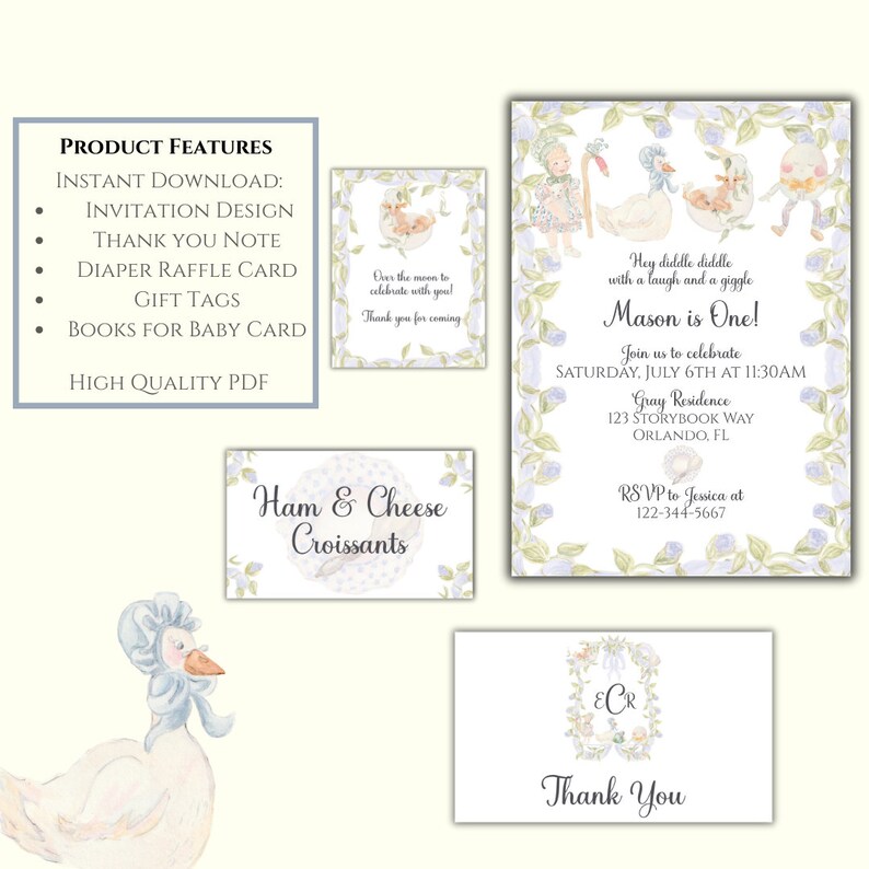 Nursery Rhyme 1st Birthday Invitation Blue Mother Goose Digital ...