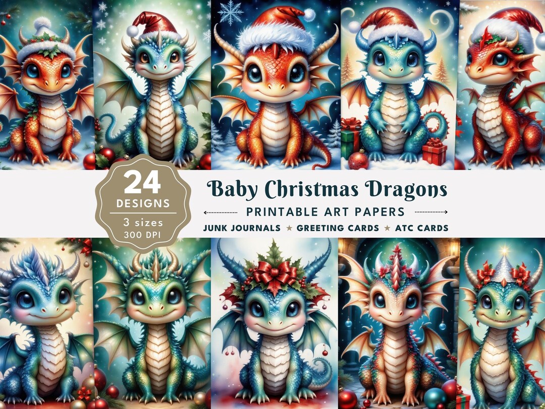 Christmas Dragons Digital Art Papers, Cute Baby Dragon Printables for ...