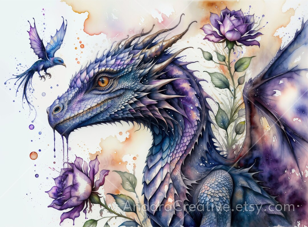 Mystical Purple Dragon With Bird & Roses, High Quality Digital Art for ...