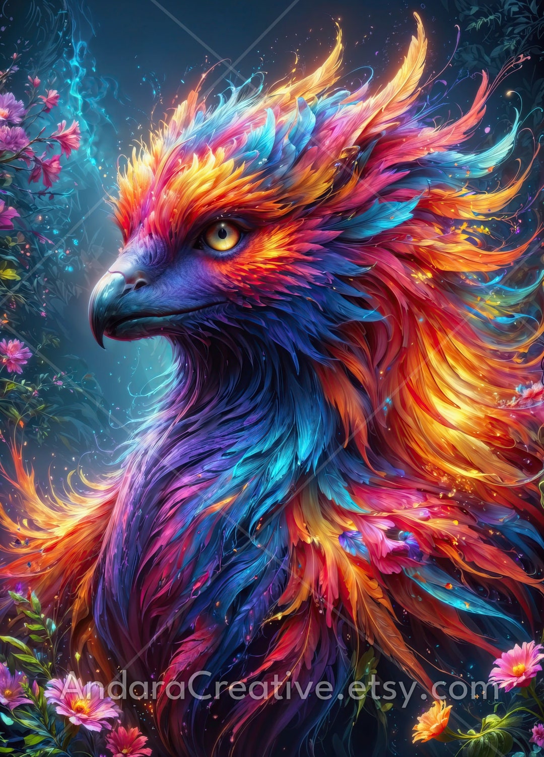 MYSTICAL PHOENIX Digital Artwork, Rainbow Firebird Printable Wall Art ...