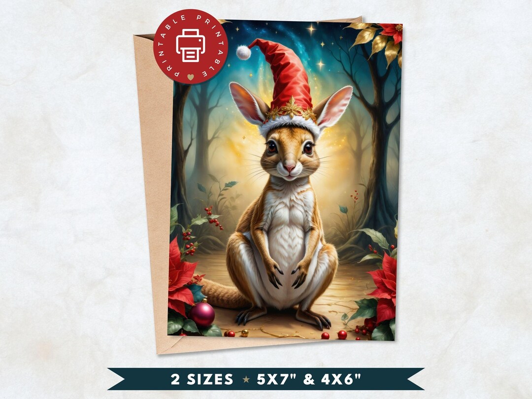 Australian Bush Christmas PRINTABLE Card, Whimsical Kangaroo Xmas ...