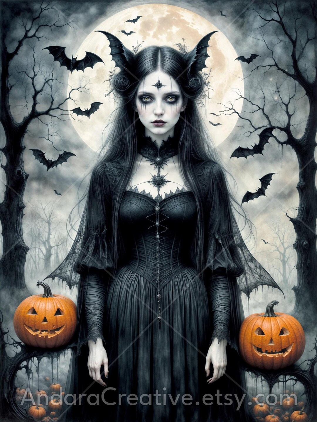 Halloween Victorian Gothic Witch PNG Graphic, Whimsical Goth Girl ...