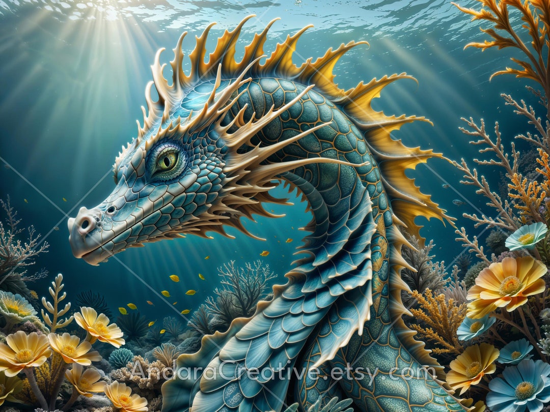 Ocean Bloom Dragon Digital Wallpaper, High Quality Magical Sea Serpent Printable Wall Art, 4k ...