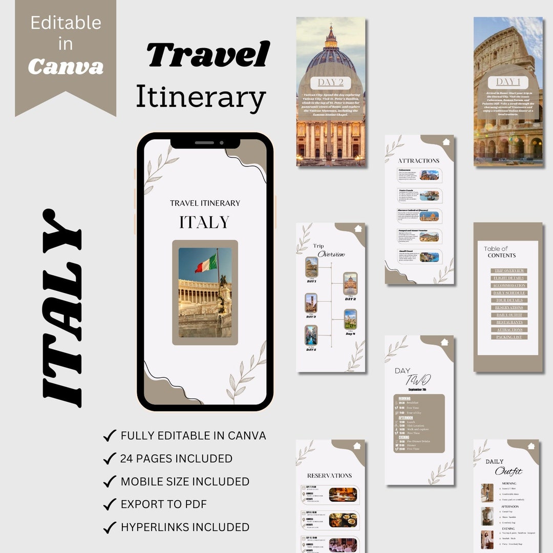 Travel Itinerary Italy Template Travel Planner Canva Digital Vacation ...