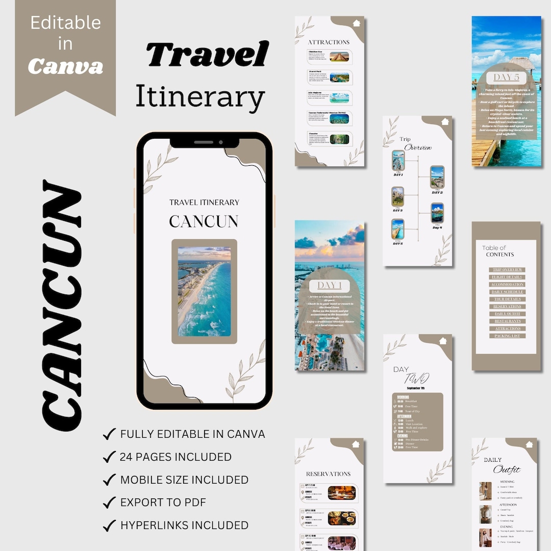 Travel Itinerary Cancun Template Travel Planner Canva Digital Vacation ...