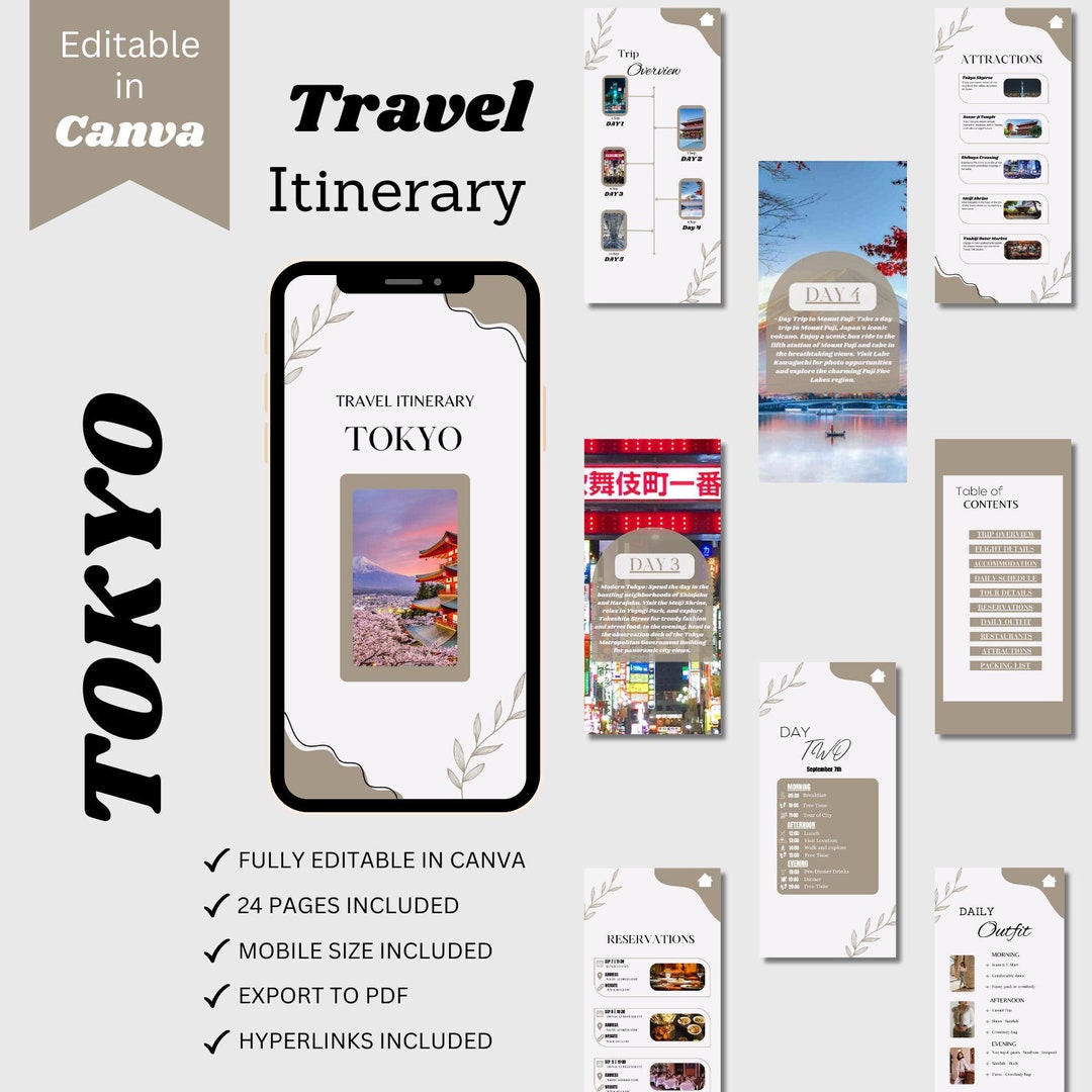 Travel Itinerary Tokyo Template Travel Planner Canva Digital Vacation ...