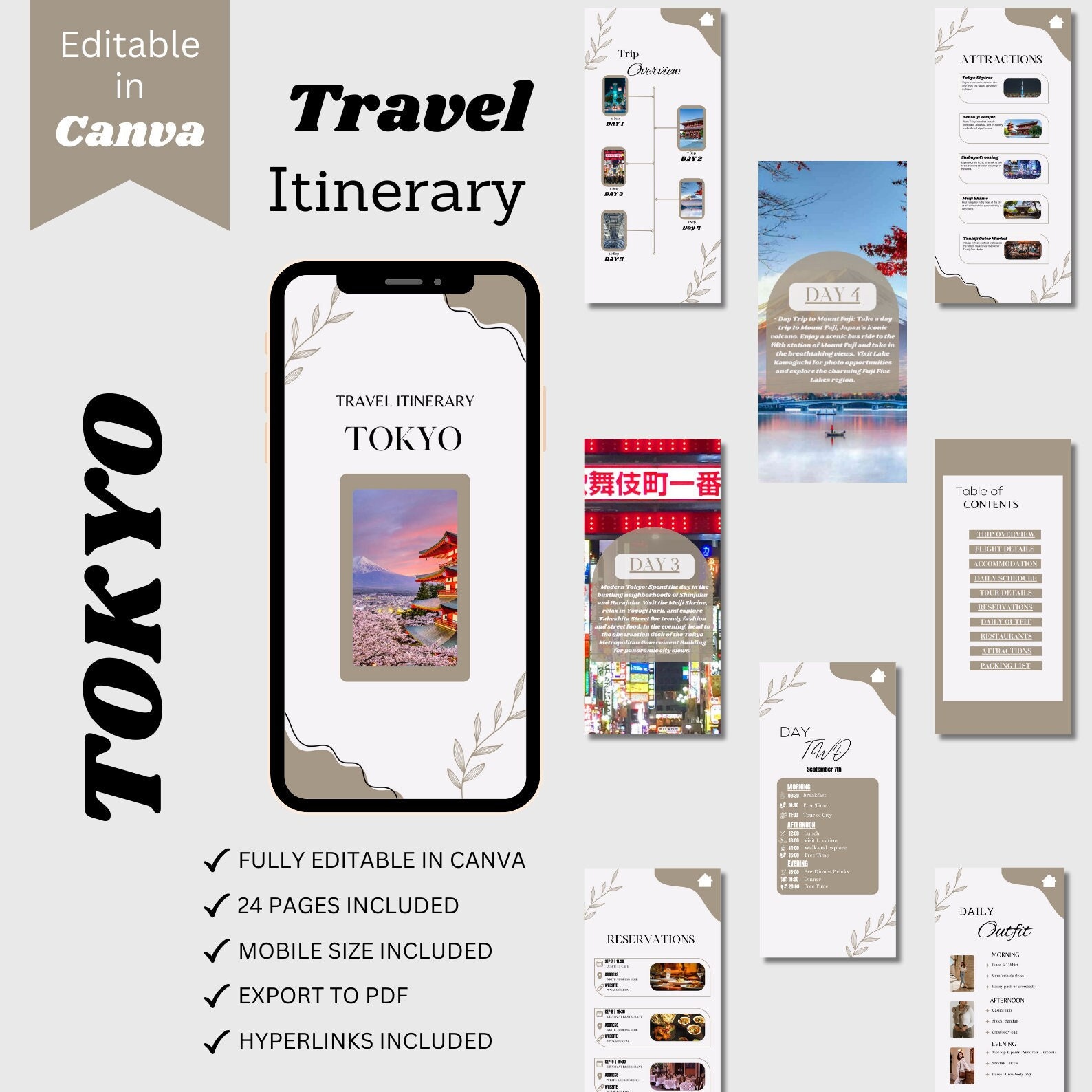 Travel Itinerary Tokyo Template Travel Planner Canva Digital Vacation ...