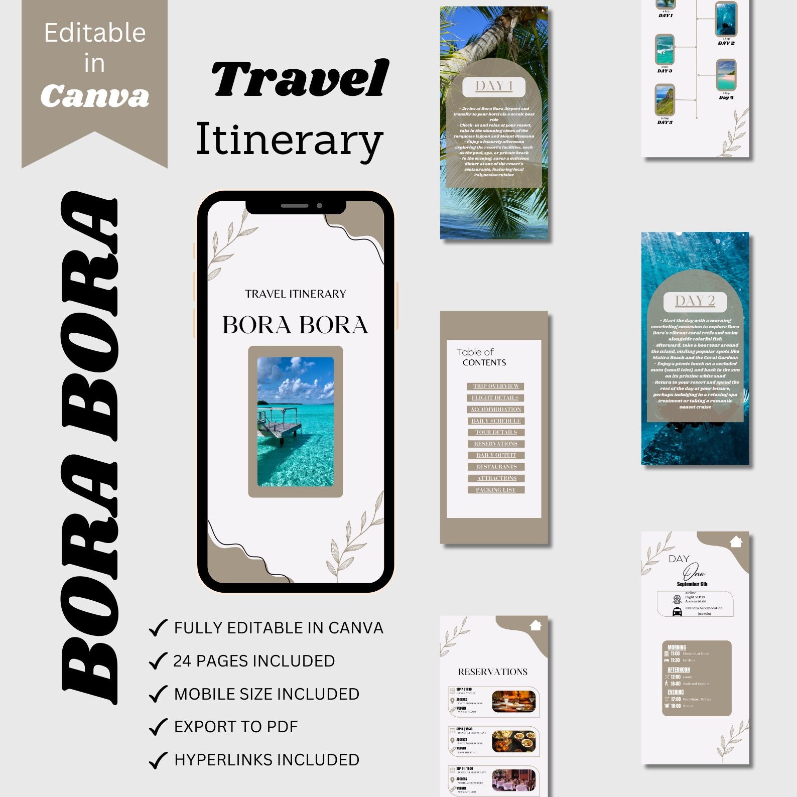 Travel Itinerary Bora Bora Template Travel Planner Canva Digital ...