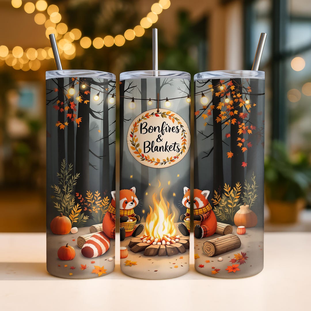 Red Panda Tumbler Wrap PNG, Bonfire Camping 20oz Skinny Wrap, Fall ...
