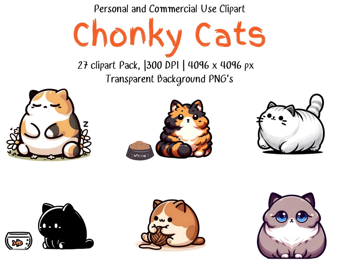 Chonky Cats Transparent Background Clipart Bundle Png's, Cute Fat ...