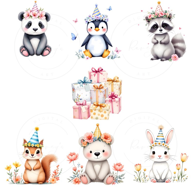 Cute Animal Birthday Party Clipart, Animals Birthday PNG Watercolor ...
