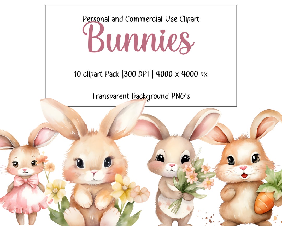 Watercolor Spring Bunny Clipart, Cute Easter Rabbit PNG Bundle, Pastel ...