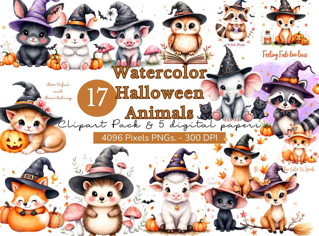 Watercolor Halloween Clipart Bundle, Cute Witch Animal Pngs, Fall ...
