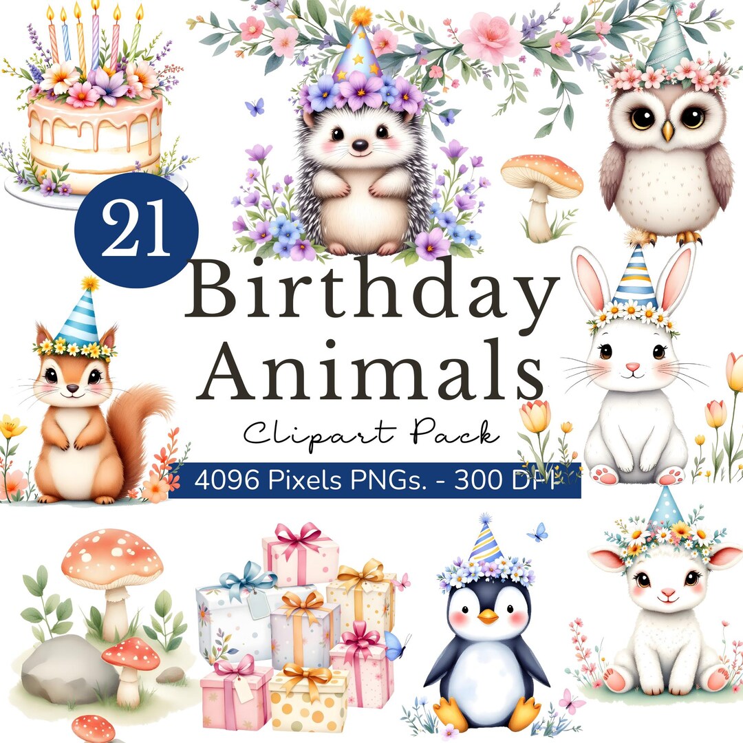 Cute Animal Birthday Party Clipart, Animals Birthday PNG Watercolor ...