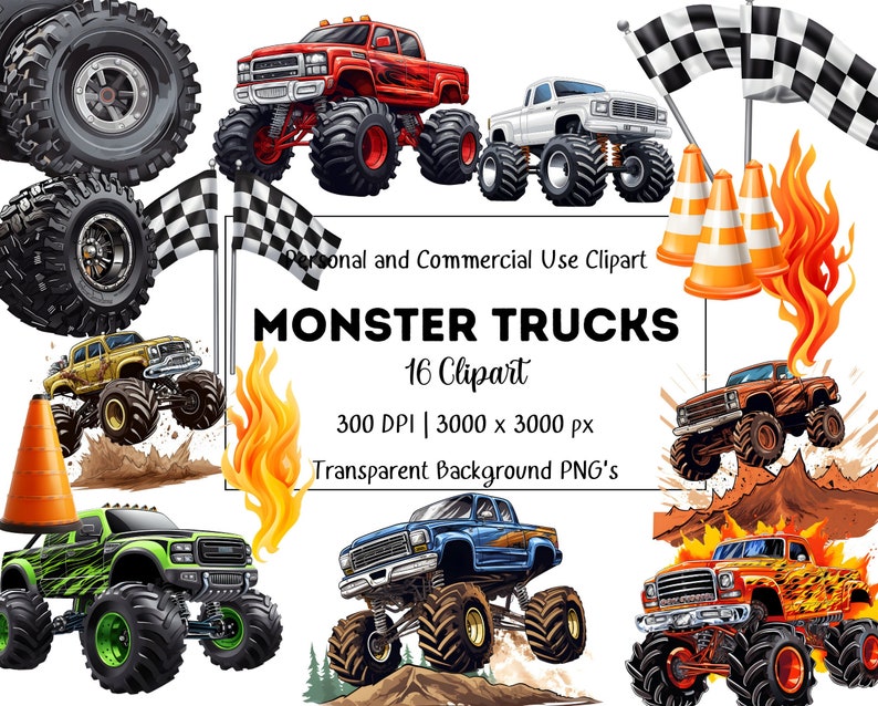 Monster Truck Clipart, Transparent Backgrounds, 16 PNG Bundle ...
