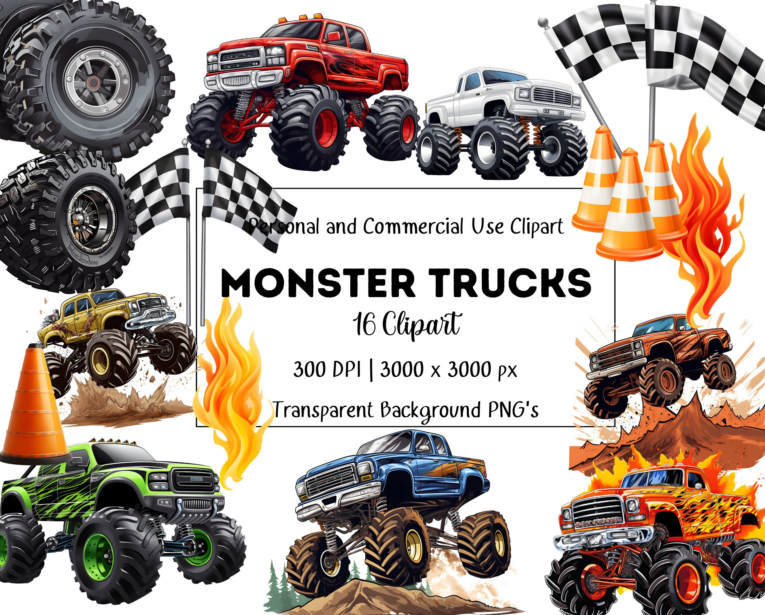 Monster Truck Clipart, Transparent Backgrounds, 16 PNG Bundle ...