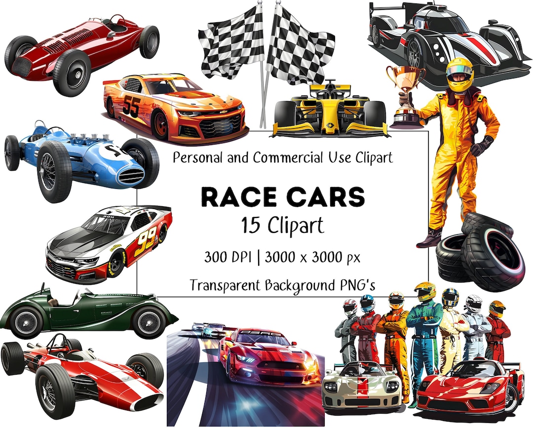 Race Car Clipart, Transparent Backgrounds, 15 PNG Bundle, Commercial ...