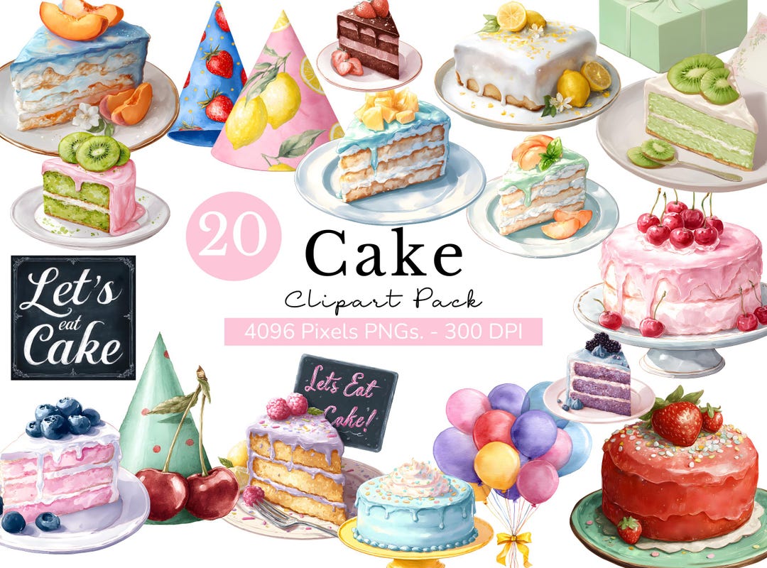 Watercolor Pastel Cake Clipart, Cute Core Fruit Themed Topping Desserts ...