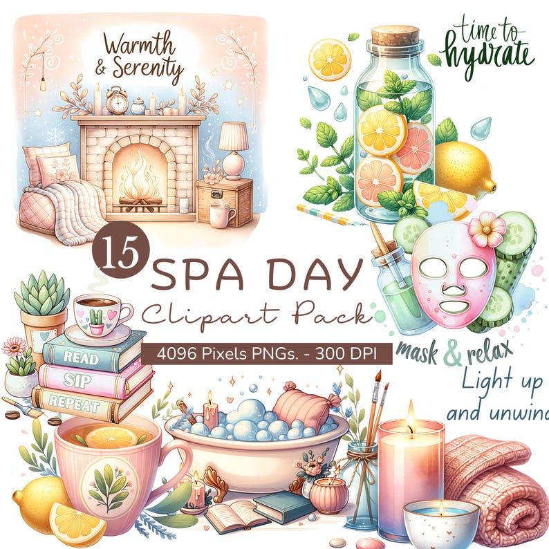 Watercolor Spa Day Clipart 15 PNG Bundle Pack, Self Care Digital ...