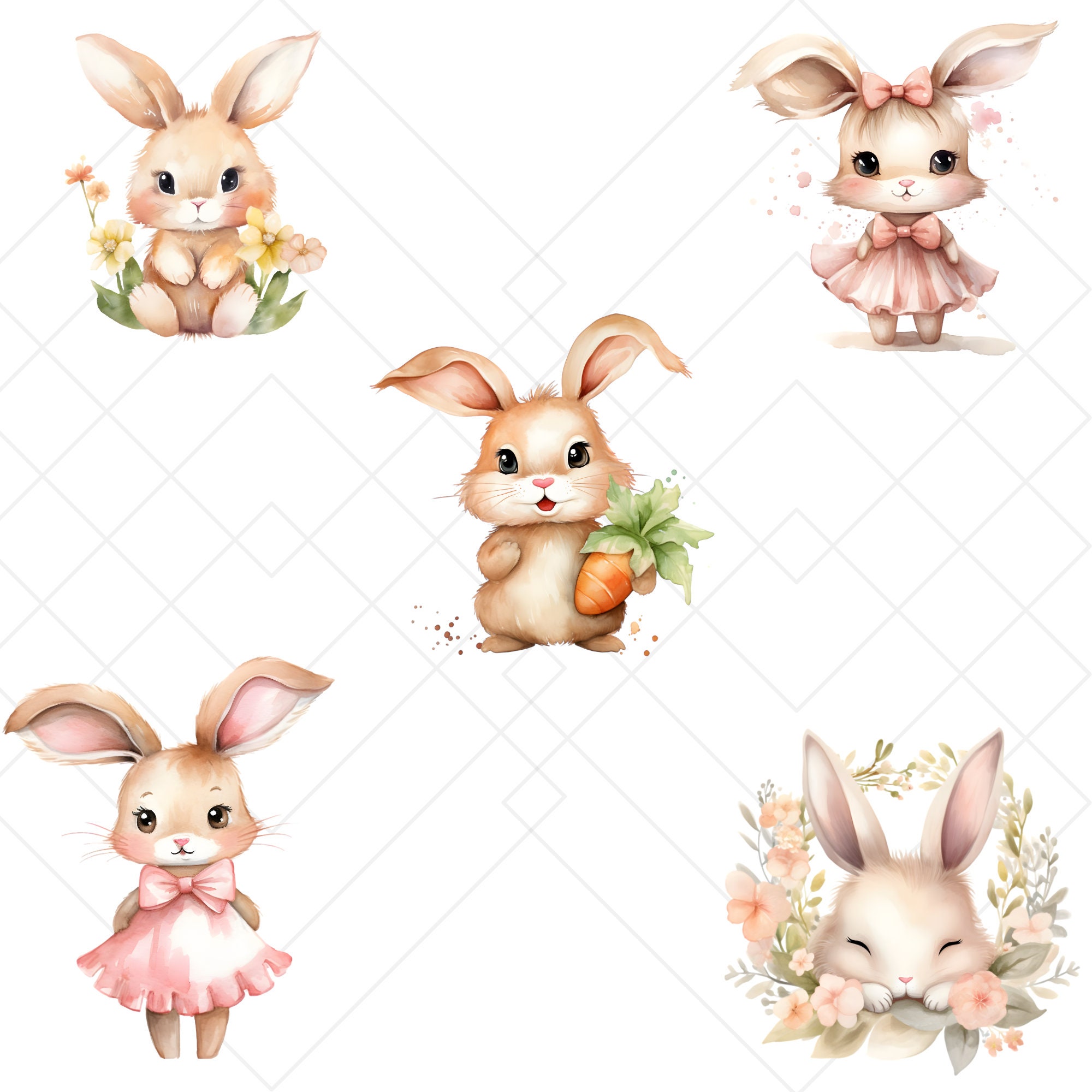 Watercolor Spring Bunny Clipart, Cute Easter Rabbit PNG Bundle, Pastel ...