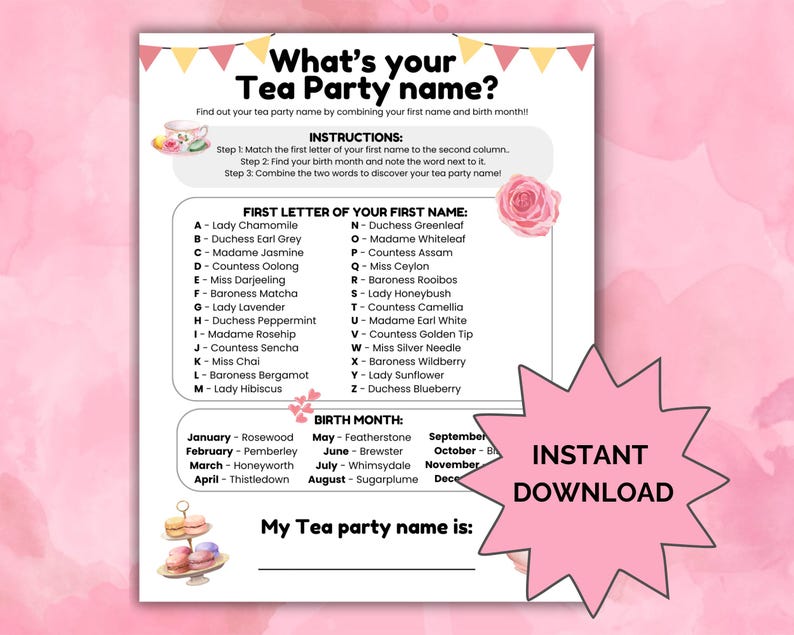 Whats Your Tea Party Name Game, Tea Party Name Game, Slumber Party Games, Whats Your Tea Name ...