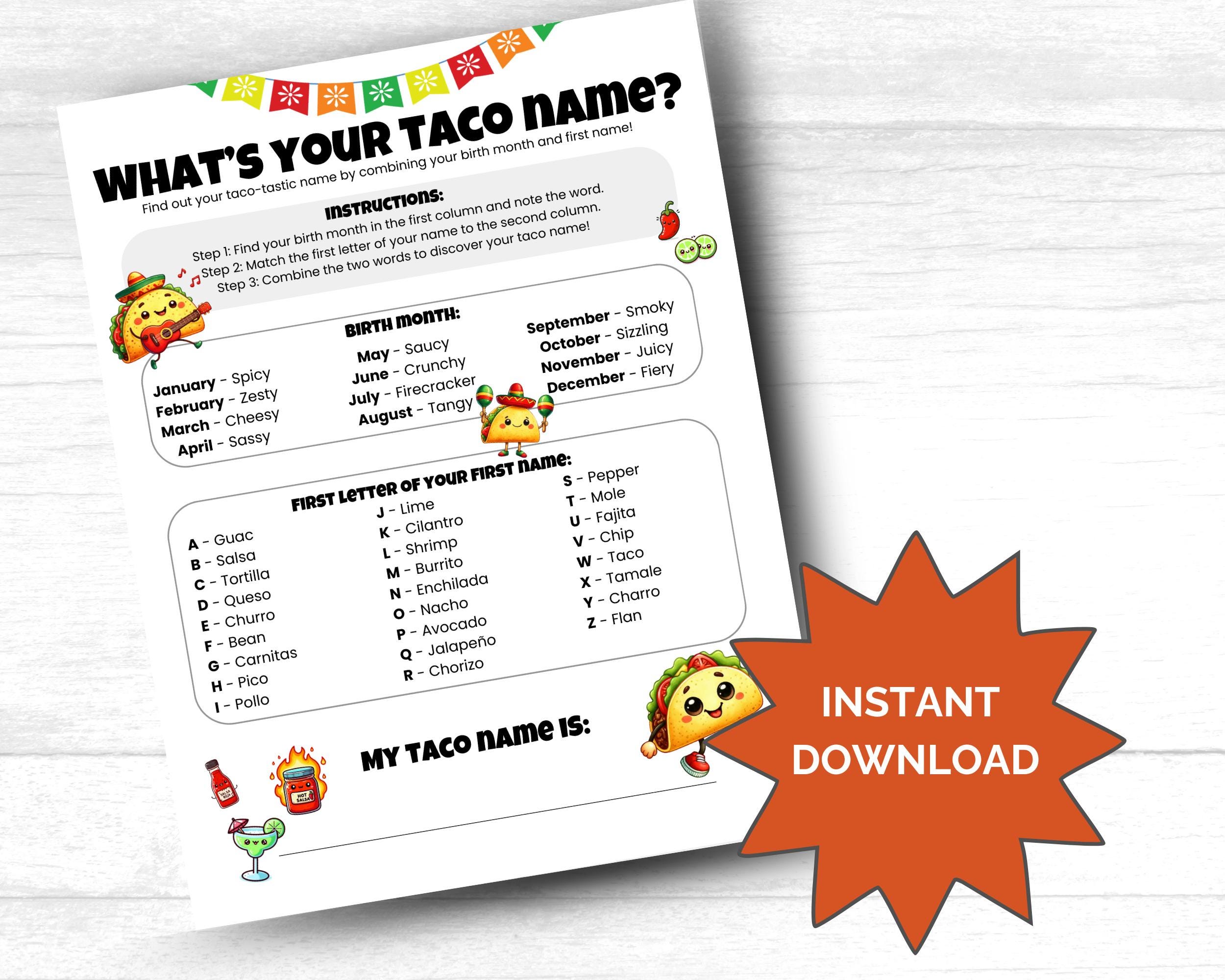 Whats Your Taco Name Game, Fiesta Game, Mexican Party Games, Taco Name ...