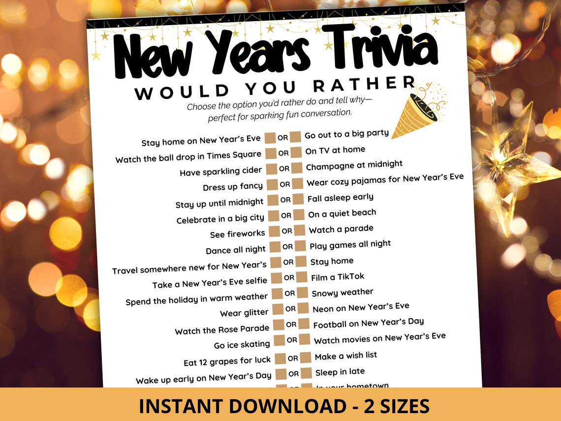 New Years Would You Rather, NYE Games, New Years Eve Game Printable ...