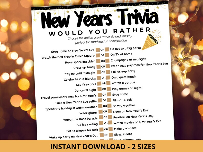 New Years Would You Rather, NYE Games, New Years Eve Game Printable ...
