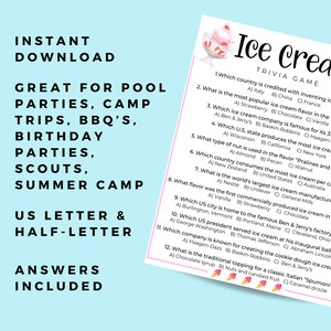 Ice Cream Trivia Printable Ice Cream Party Game Summer Activities for ...