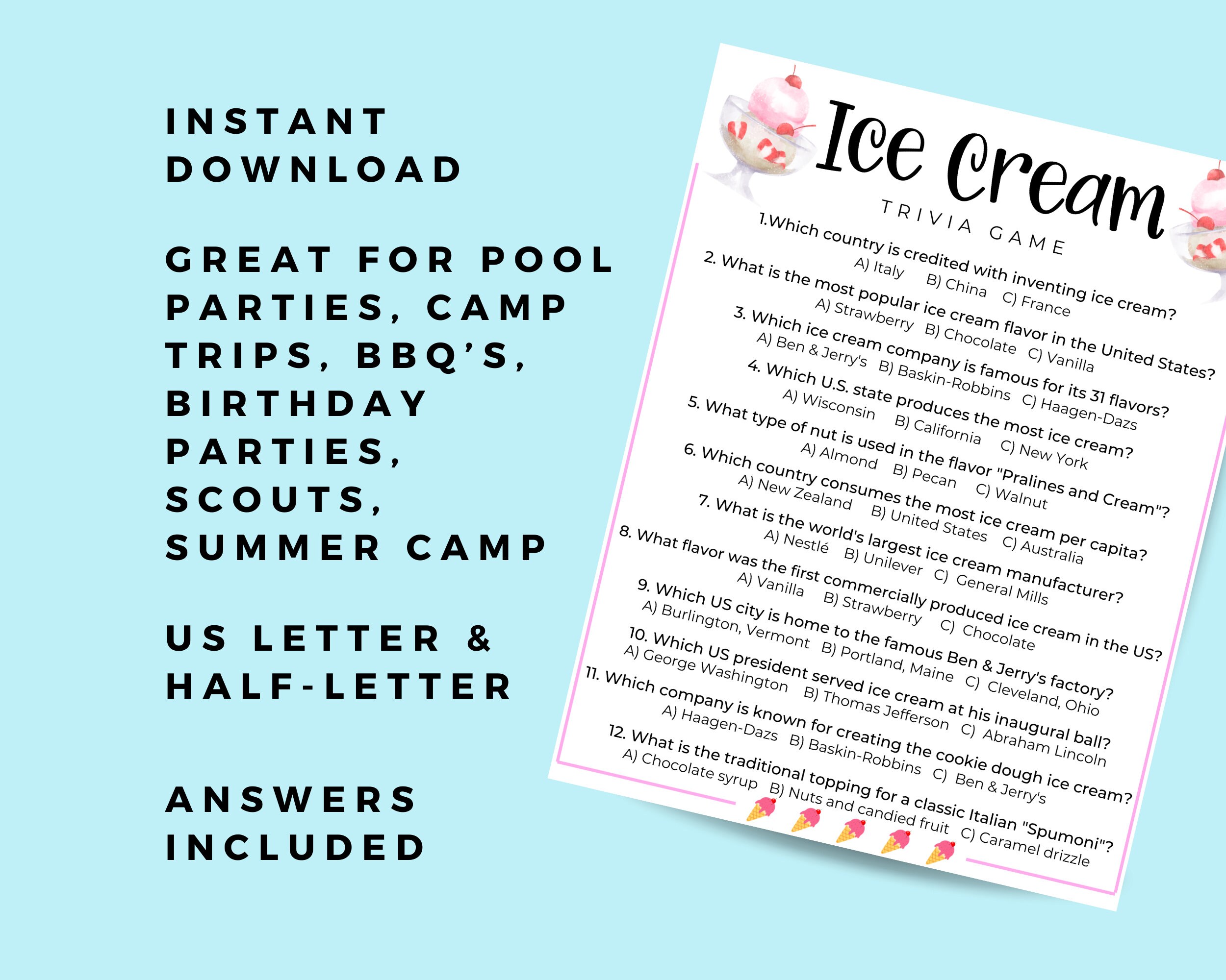 Ice Cream Trivia Printable Ice Cream Party Game Summer Activities for ...