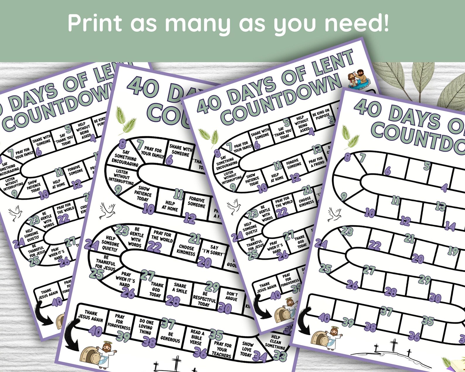 40 Days of Lent Countdown Calendar, Printable Lenten Activities for ...
