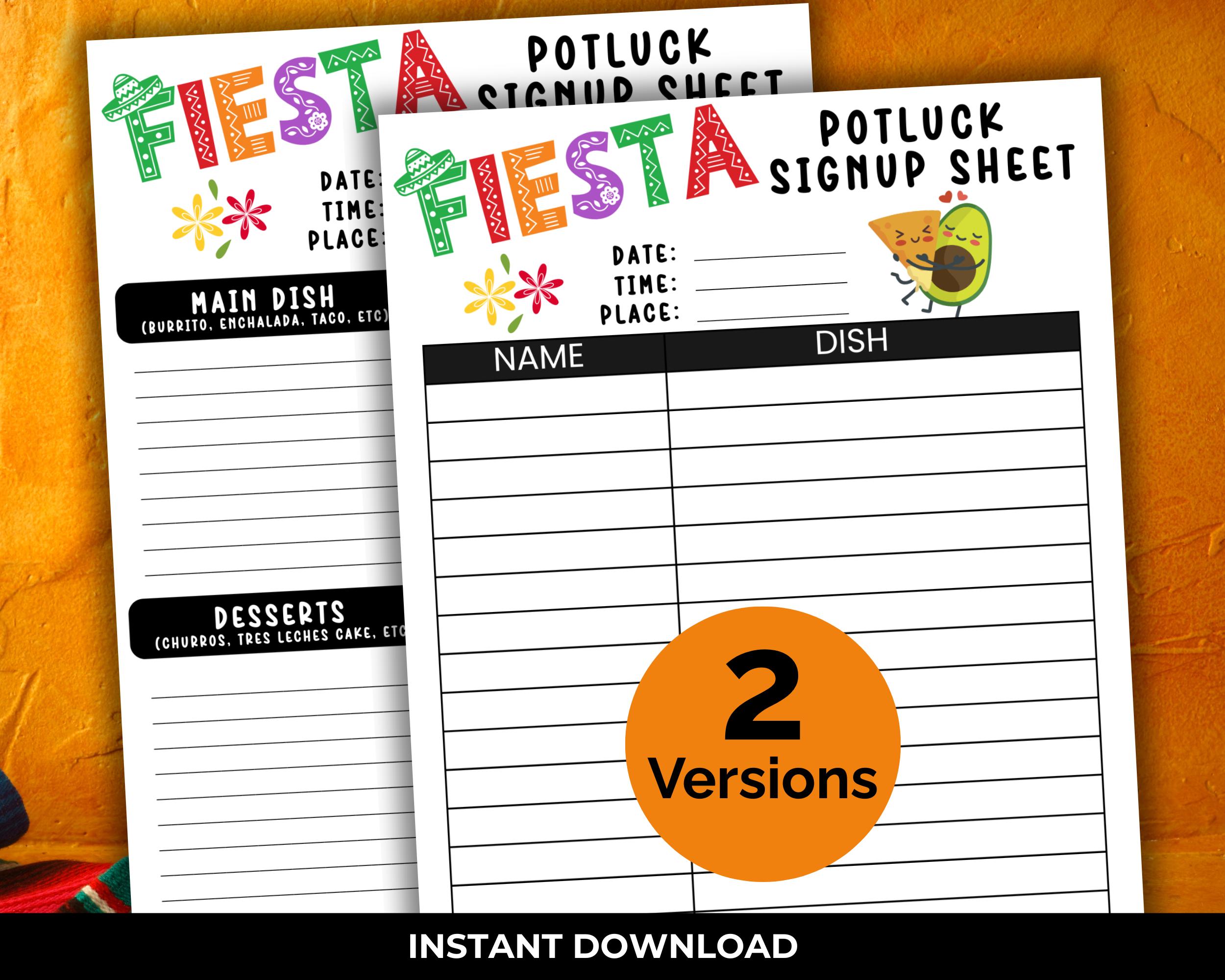 Fiesta Potluck Sign up Sheet, Cinco De Mayo Food Signup Form, Fiesta ...