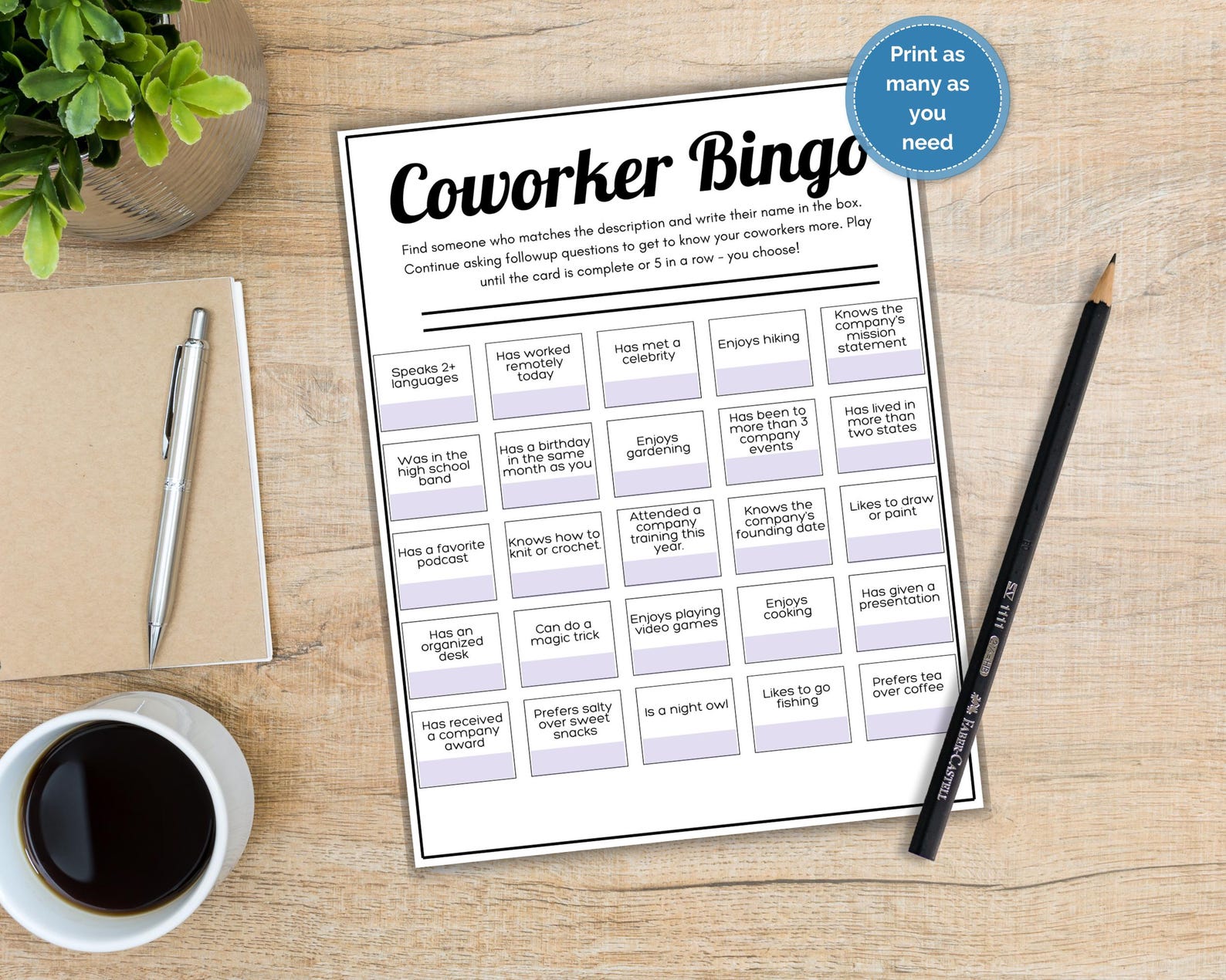 Employee Bingo, Networking Bingo, Coworker Bingo, Icebreaker Game, Team ...