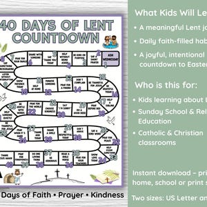 40 Days of Lent Countdown Calendar, Printable Lenten Activities for ...