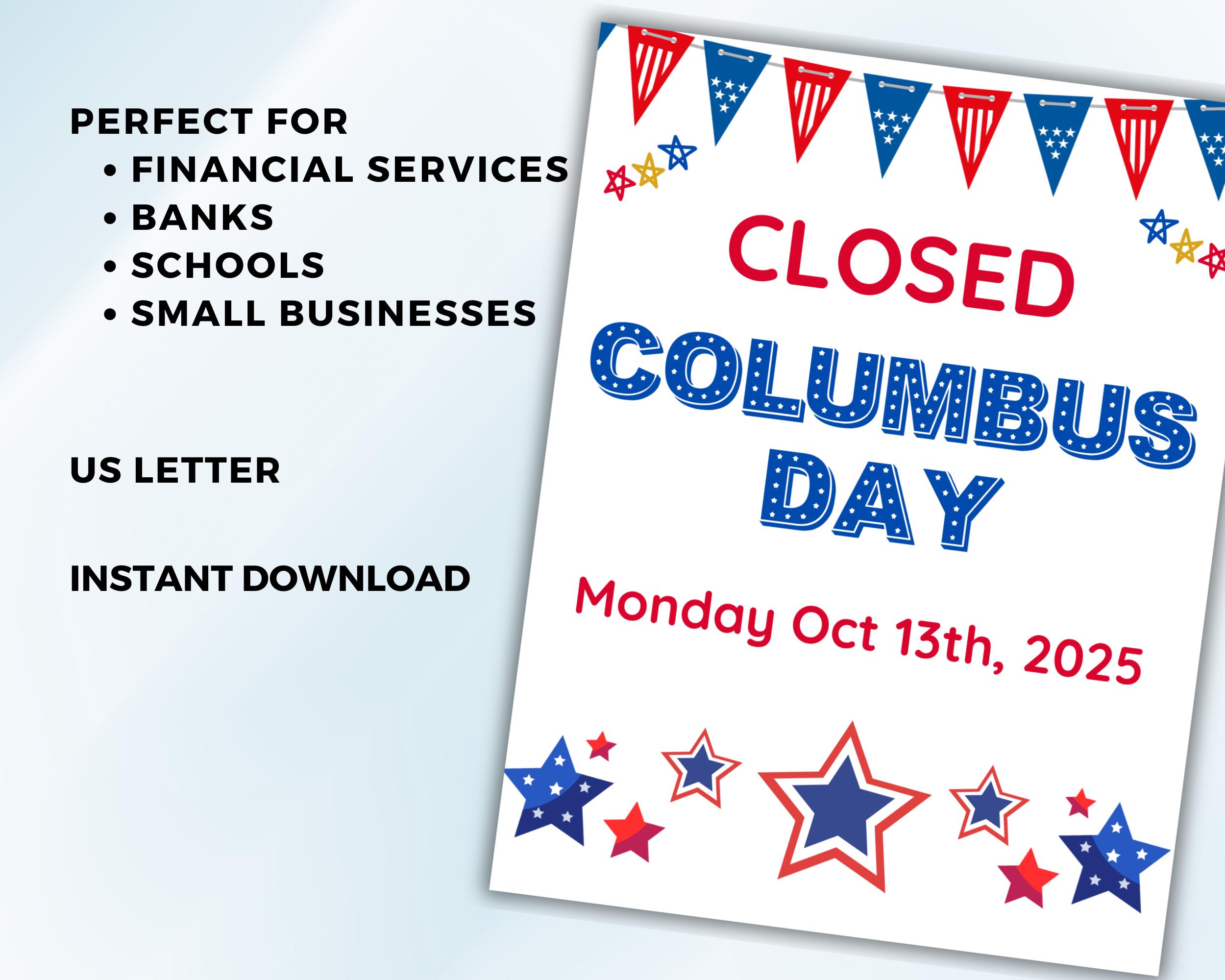 Closed for Columbus Day Printable Sign, Columbus Day Closed Sign, Store ...