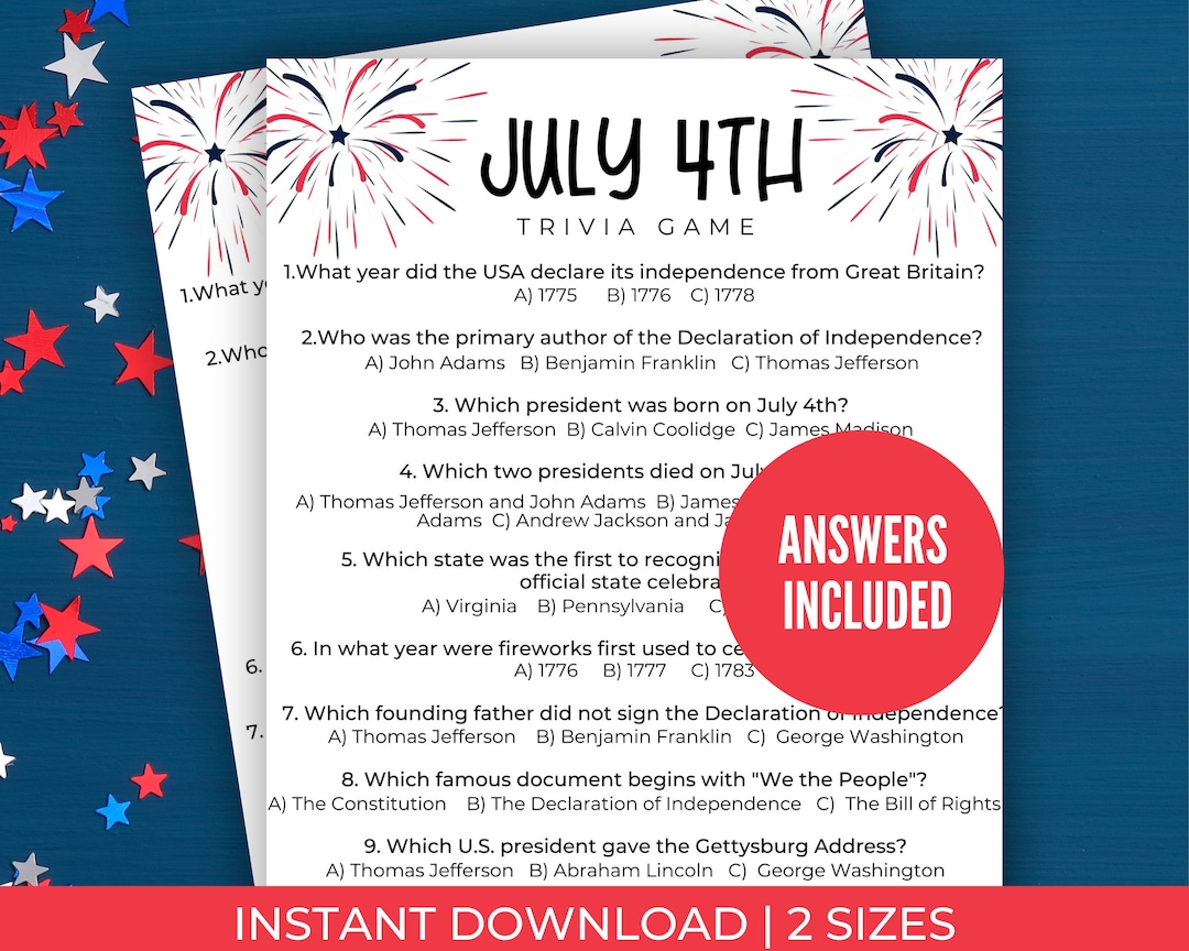 4th of July Trivia Printable | 4th of July Trivia Games | 4th July ...