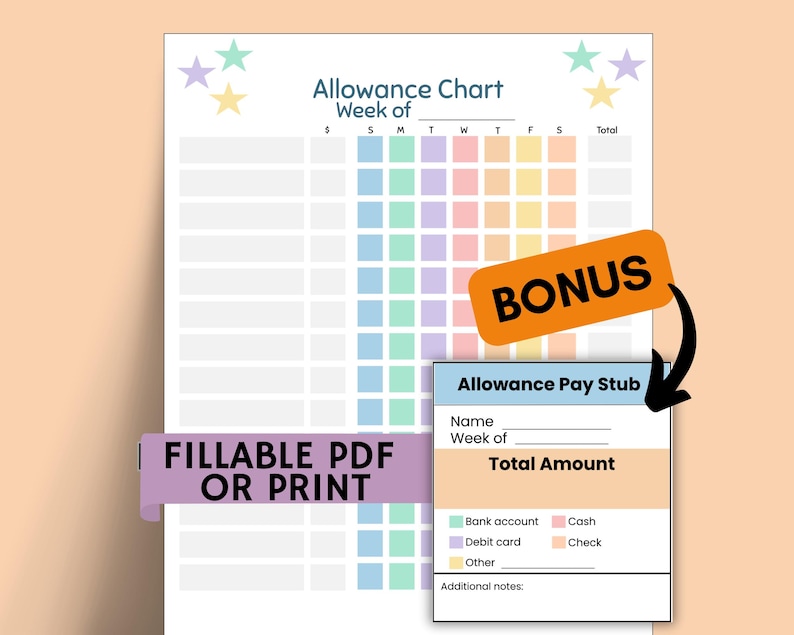 Allowance Chart Kids Editable, Allowance Tracker for Kids, Reward Bucks ...