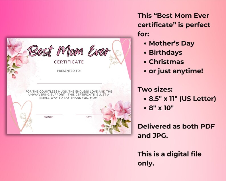 Best Mom Certificate Printable, Best Mom Award, Mothers Day Award ...
