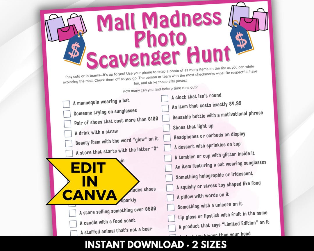 Mall Scavenger Hunt Birthday Kids, Tween Scavenger Hunt, Teen Scavenger ...